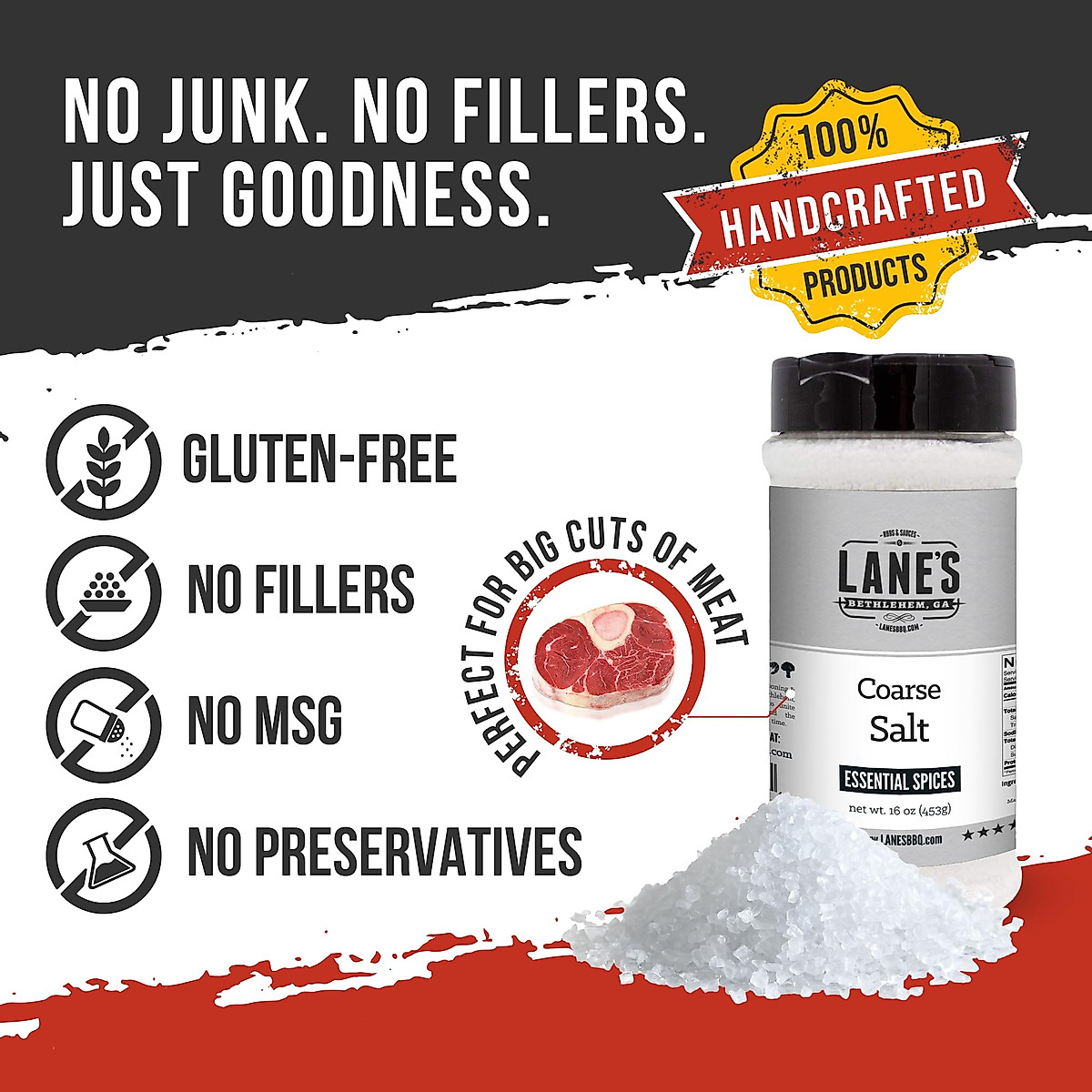 Lane's Kosher Salt Coarse Sea Salt Seasoning, All-Natural Premium Coarse Salt for BBQ, Gluten-Free Coarse Kosher Salt, No MSG, Made in USA, 16 Oz