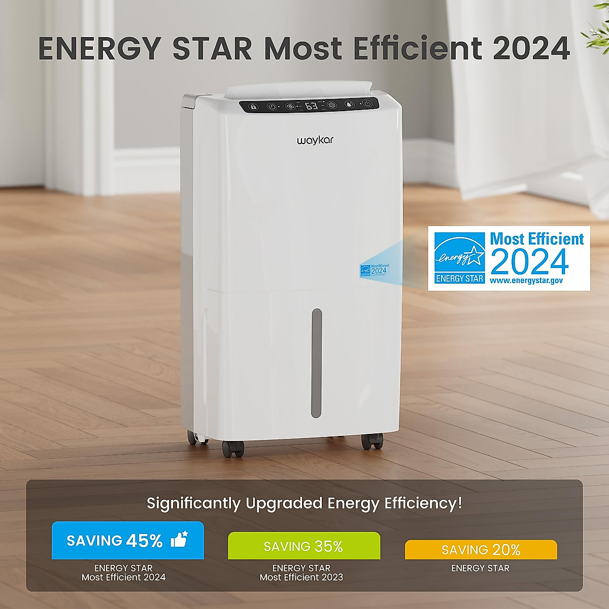 Waykar 2000 Sq. Ft Energy Star Dehumidifier for Home and Basement with Auto or Manual Drainage, Quiet 33dB Operation, 0.6 Gallon Water Tank Capacity
