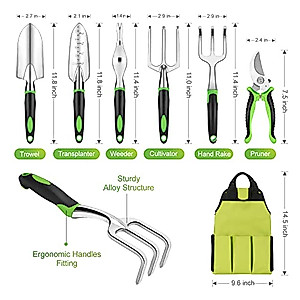 Mr Rabbi Garden Tools Set, 11 Piece Heavy Duty Gardening Tools for Gardening with Non-Slip Rubber Grip, Outdoor Hand Tools, Storage Tote Bag, Aluminum Garden Kit, Gardening Gifts for Men Women