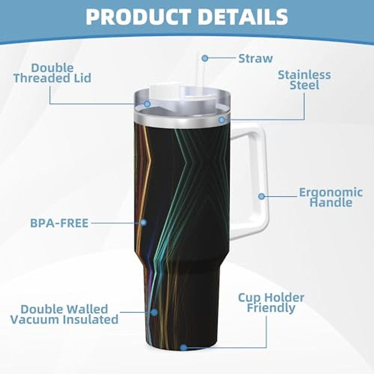 HULIBIN Colorful Lines Art Print Double Deck Stainless Steel Travel Coffee Cup With Lid 40 Oz Ice Bully Cup