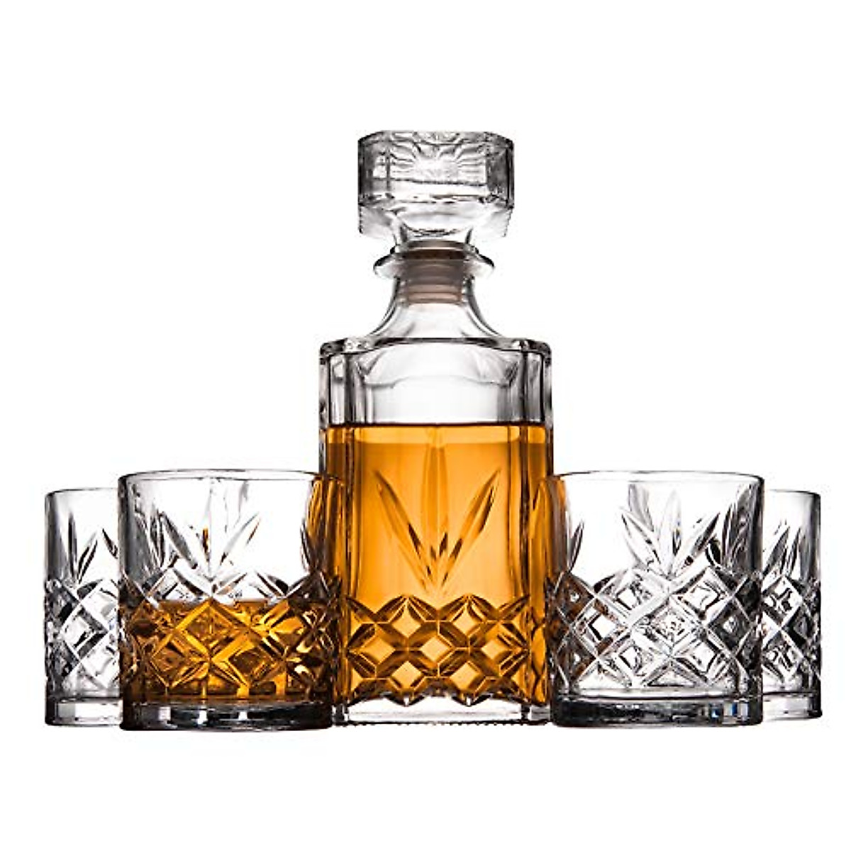 Royalty Art Kinsley Whiskey Glasses Set with Decanter for Scotch, Bourbon, Cognac, and Liquor, Classic 5-Pc. Glass Bundle for Serving Alcohol, Pull Top Drink Stopper