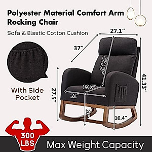 NIOIIKIT Nursery Rocking Chair, Upholstered Glider Chair for Nursery, Accent Rocker Chair with Tall Back & Side Pockets, Modern Leisure Single Arm Chair for Living Room, Bedroom (Black)