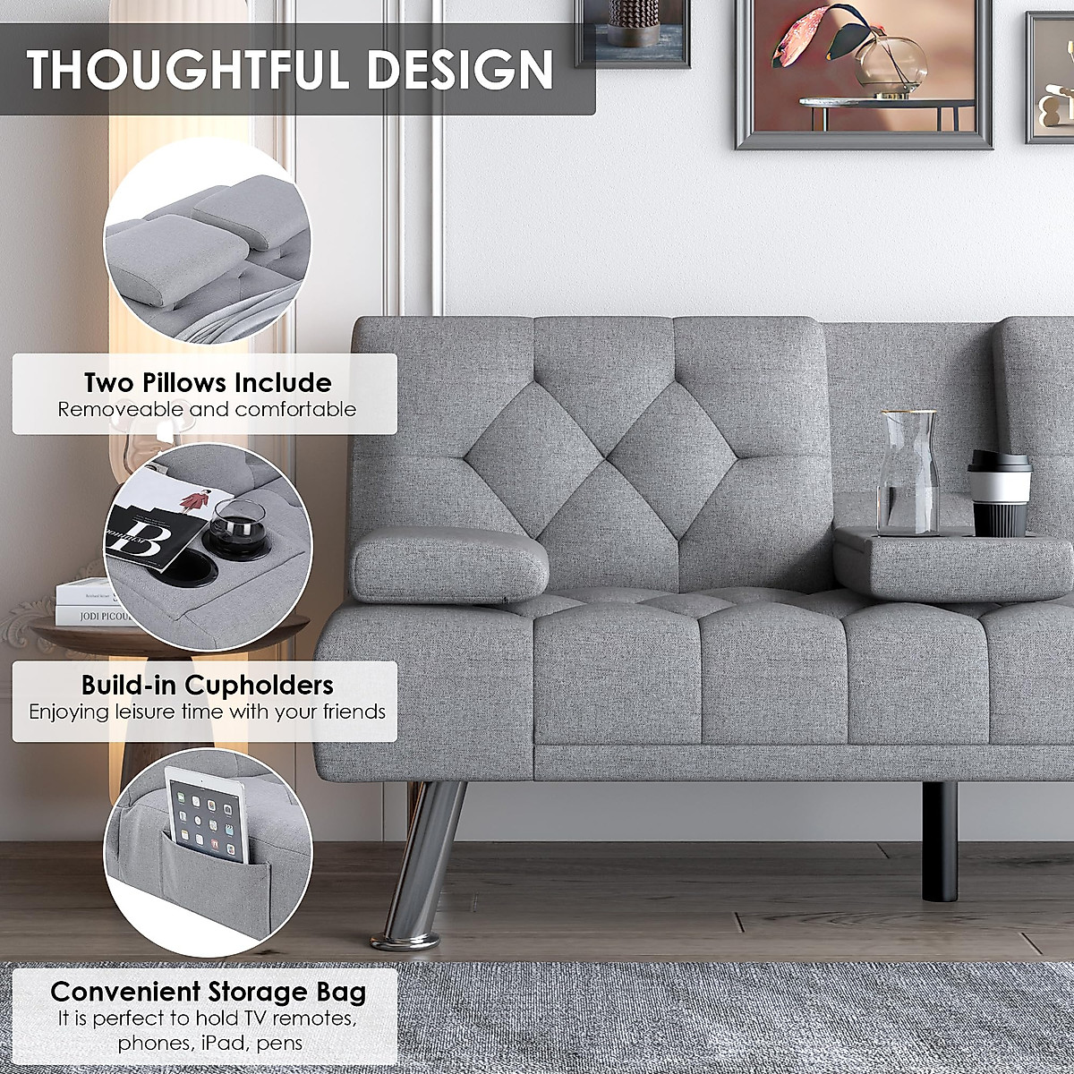 HIFIT Futon Sofa Bed, Upholstered Convertible Folding Sleeper Sofa Bed with Removable Armrests, Modern Futon Couch for Living Room, Bedroom, 2 Cupholders, Metal Legs, Grey