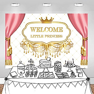 Royal Princess Baby Shower Backdrop Welcome Little Princess Birthday Party Photography Backdrop Pink Curtain Golden Crown Background Baby Little Girls Shower Decorations 7x5ft (Pink Princess)