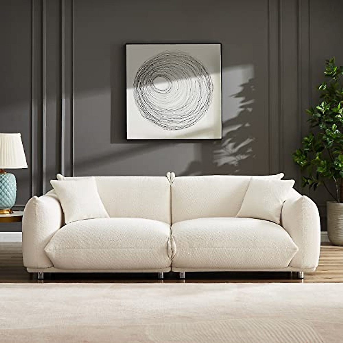 Hommoo Mid Century Modern Couch for Living Room Bedroom，Soft Loveseat Sofa, Sherpa Sofa with Metal Legs, Comfy Couch, 87" W Small Couch for Small Space with Pillows White