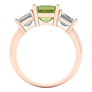 3.25 ct SQ Emerald cut 3 stone Solitaire Natural Green Peridot Engagement Promise Anniversary Bridal Ring 14k Rose Gold 3.5