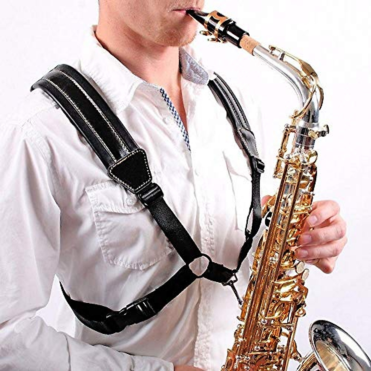Rayzm Saxophone Strap, Universal Double Shoulder Leather Strap for Sax, Adjustable Padded Harness Strap for Alto Tenor Soprano Baritone Saxophone (Large Size)