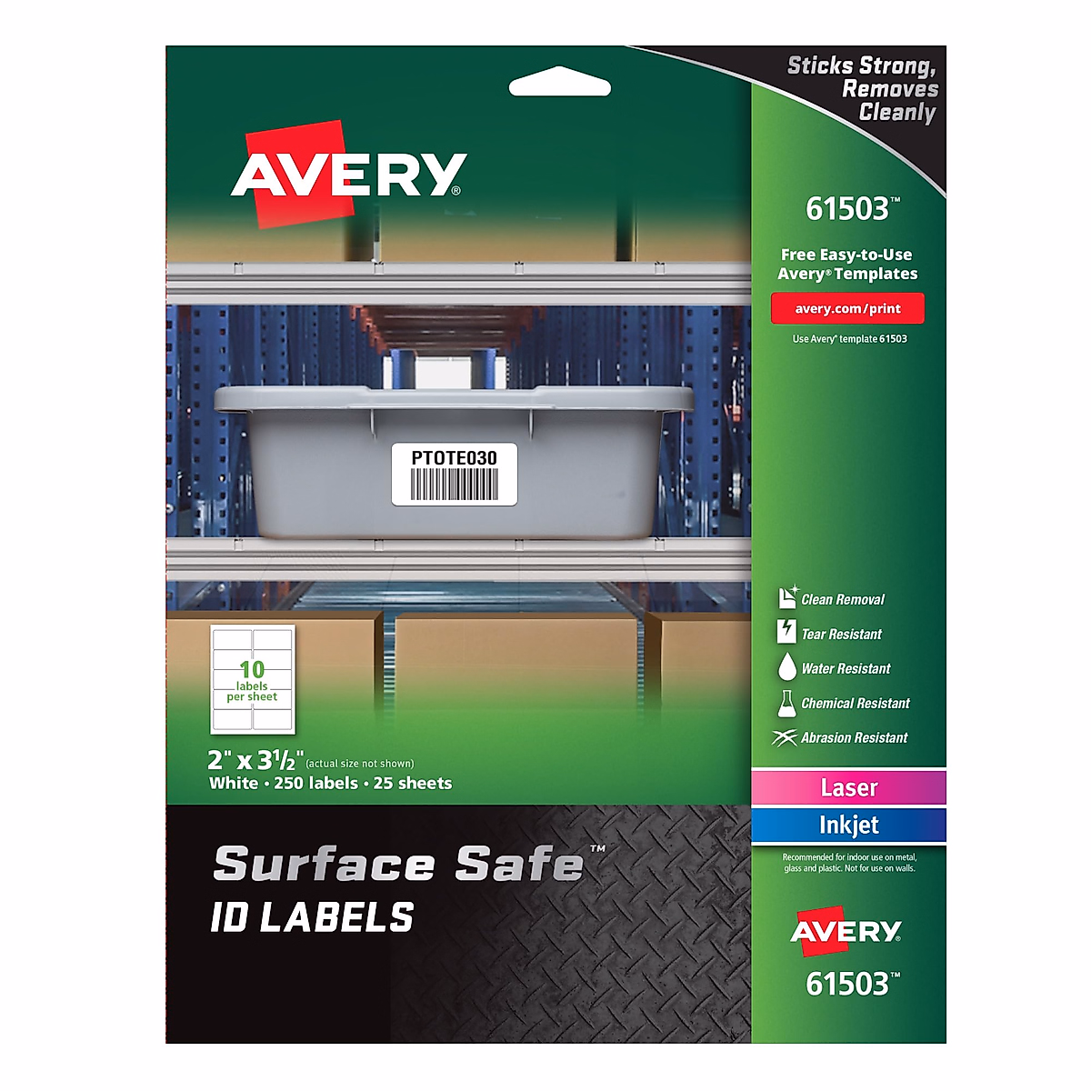 AVERY Surface Safe Durable ID Labels, Removable Adhesive, Water Resistant, 2" x 3-1/2", 250 Labels (61503), White