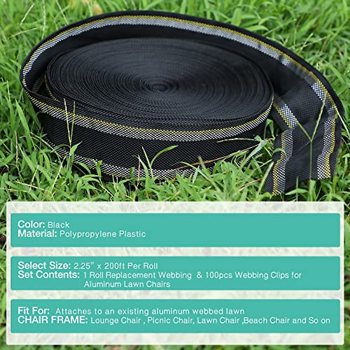 2 1/4 Inch x 200 Ft Lawn Chair Webbing with 100 Pieces Webbing Clips Lawn Chair Re Web Kit Chair Replacement Webbing Patio Furniture Outdoor Chair Strap Kits for Macrame Chair Frame Supplies