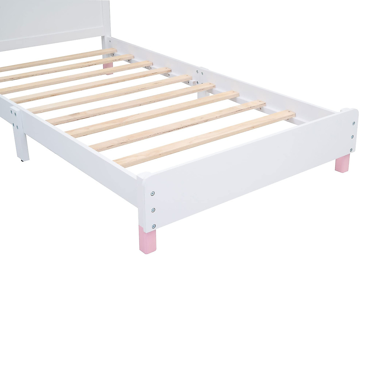 Bellemave Twin Platform Bed with Headboard, House Twin Bed with Support Slats, Wood Kids Twin Size Bed for Boys Girls, No Box Spring Needed, Bedroom Furniture (White+Pink)
