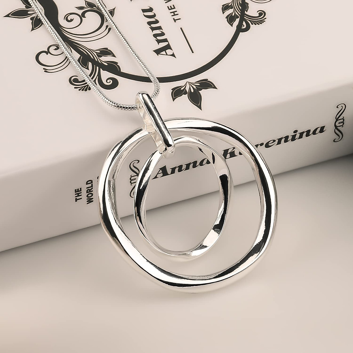 XILAZAB Silver Double Circle Necklace, Long Silver Necklace Sweater long Silver Chain for Women Silver Circle Large Pendant Womens Jewelry Silver Statement Necklace for Women Valentines Gift