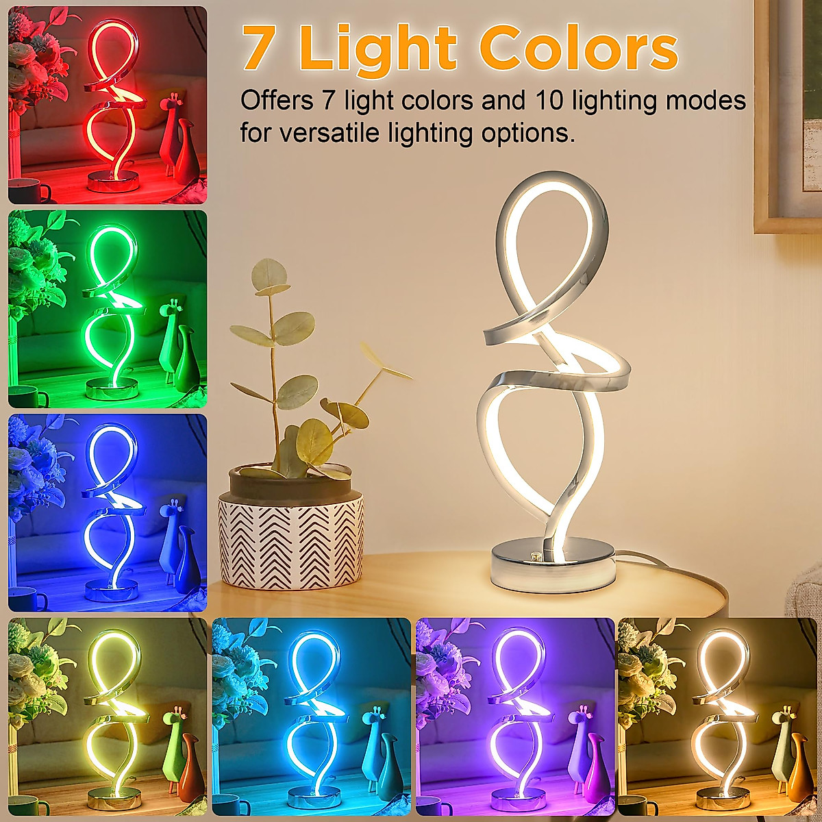 Mayful Modern Table Lamp, RGB Table Lamp，LED Spiral Lamp, Silver Bedside Lamp with 7 Colors 10 Light Modes, Touch Dimmable Nightstand Lamp for Bedroom Living Room Home Office, 15W