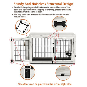 Piskyet Wooden Dog Crate Furniture with 360°Rotatable Removable Dog Bowls, Dog Crate End Table with Tray, Double Doors Dog Kennels forDogs(L:37.7" L*25.1" W*26.1" H, Marble White)
