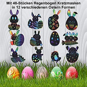 [48+48+12], Linkbro Easter Scratch Crafts Art Kit, Colorful Rainbow Scratch Paper Card, Easter Egg Bunny Chick Shape with Ribbons Wooden Scratch Tools abd Envelopes for Easter Party Egg Hunt Game