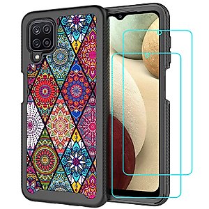 LEXNEC Cover Case for Samsung Galaxy A12 Case with Tempered Glass Screen Protector [2 Pack],Armor Protective Boys Men Girls Women Floral Flower Bumper Phone Case Cover (6.5",2021)[Colorful Mandala]