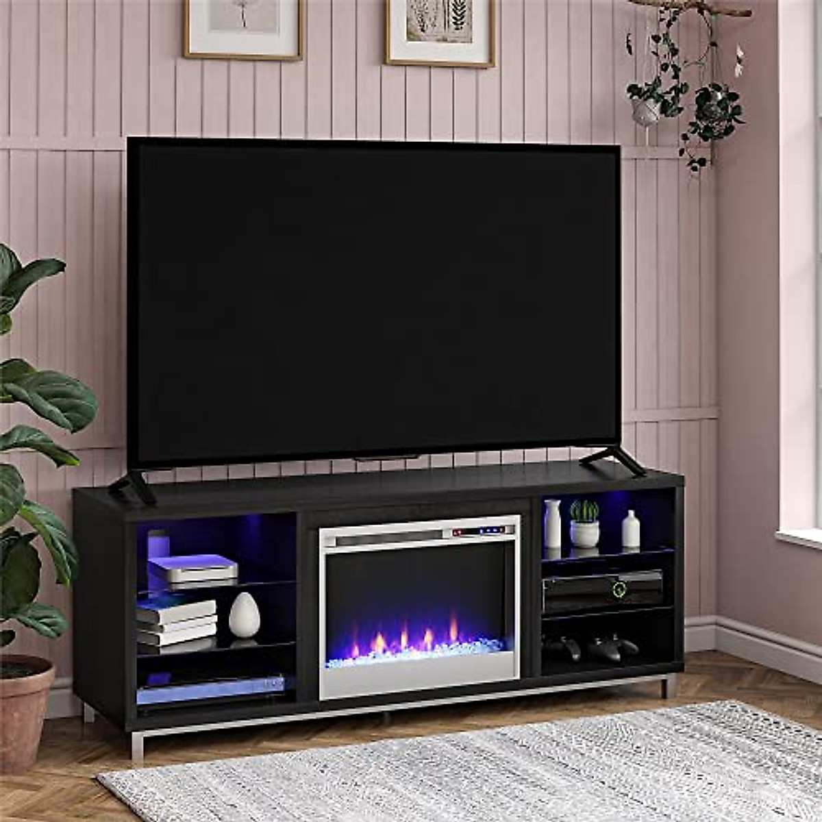 Ameriwood Home Lumina Fireplace Stand for TVs, up to 70", Black Oak