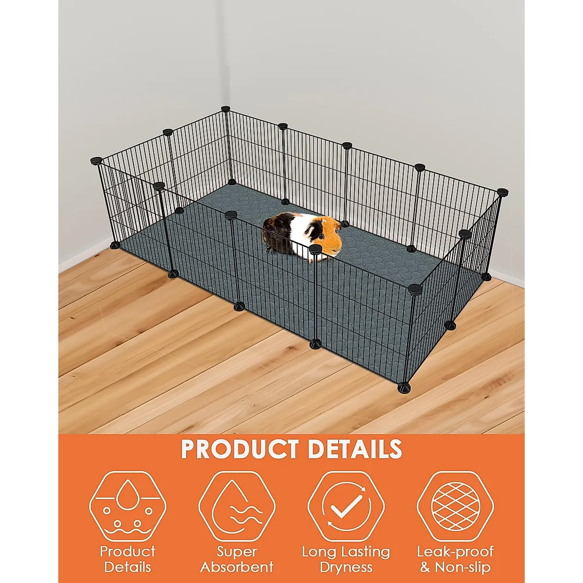 Bissap 2 Packs Guinea Pig Cage Liners, 47''X24'' Washable Guinea Pig Pee Pads Non Slip Reusable Fast and Super Absorbent Bedding for Small Animals Rabbit Hamster Chinchillas Rat - Grey