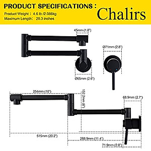 CHALIRS Pot Filler Faucet Wall Mount, Matte Black Brass Pot Filler Faucets, Kitchen Restaurant Sink Faucet Folding Stretchable,Cold and Hot Water Mixer,with Double Joint Swing Arms,Single Handle