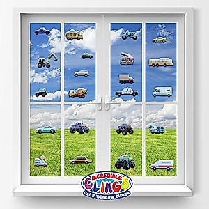 Cars and Trucks Window Clings for Kids & Toddlers (by Jesplay USA - Reusable Window Stickers Gels & Decals) Puffy Sticker Activites for Car Plane Home - Police, Race Cars, Monster, Tow, Fire Truck