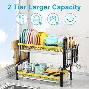Nicous 2 Tier Dish Drying Rack, Dish Rack with Drainboard, Utensil Holder and Cutting Board Holder, 304 Stainless Steel Dish Drainer for Kitchen Counter (Black & Gold )