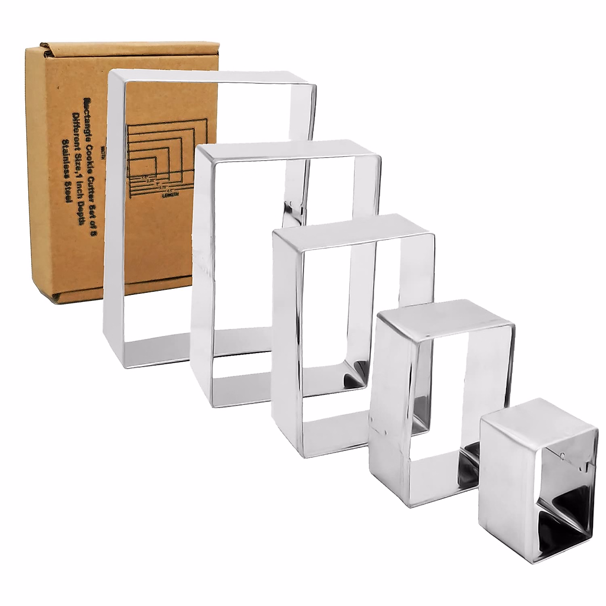 Antallcky Rectangle Cookie Cutter Set-5 pcs Stainless Steel Rectangle Biscuit Molds Fondant Cake Cookie Cutter Set Pastry Heavy Duty Deep Mold 1 Inch Depth