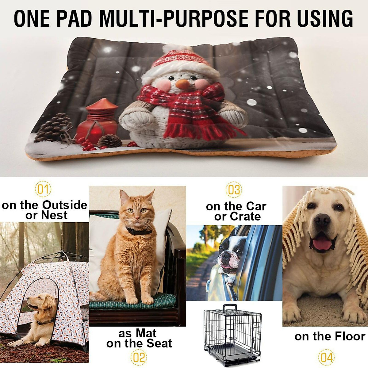Christmas Snowman Crate Pet Bed, Portable Washable Dog Cat Mat, Soft Comfortable Pet Mattress with Non-Slip Bottom for Dogs Cats Sleeping, 36 x 24 Inch