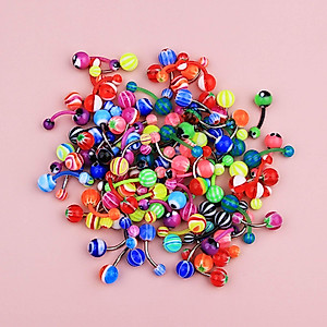 CM Crareesi Mania 50PCS Belly Rings Pack Random Belly Button Bars Stainless Steel/Acrylic Banana Barbells Navel Barbell for Navel Piercing Jewellery