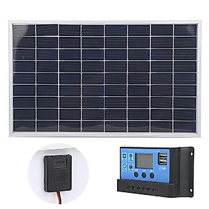 Solar Panel, 15W 18V Polycrystalline Solar Panel 12V/24V PWM Solar Controller 2pcs LED Bulb for Car RVs Ship Battery Charger(10A)