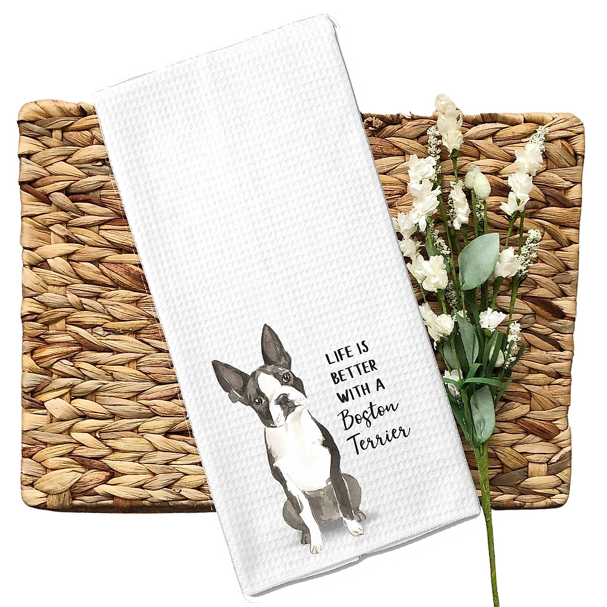 Watercolor Life is Better with a Boston Terrier Bostie Microfiber Kitchen Tea Bar Towel Gift for Animal Dog Lover