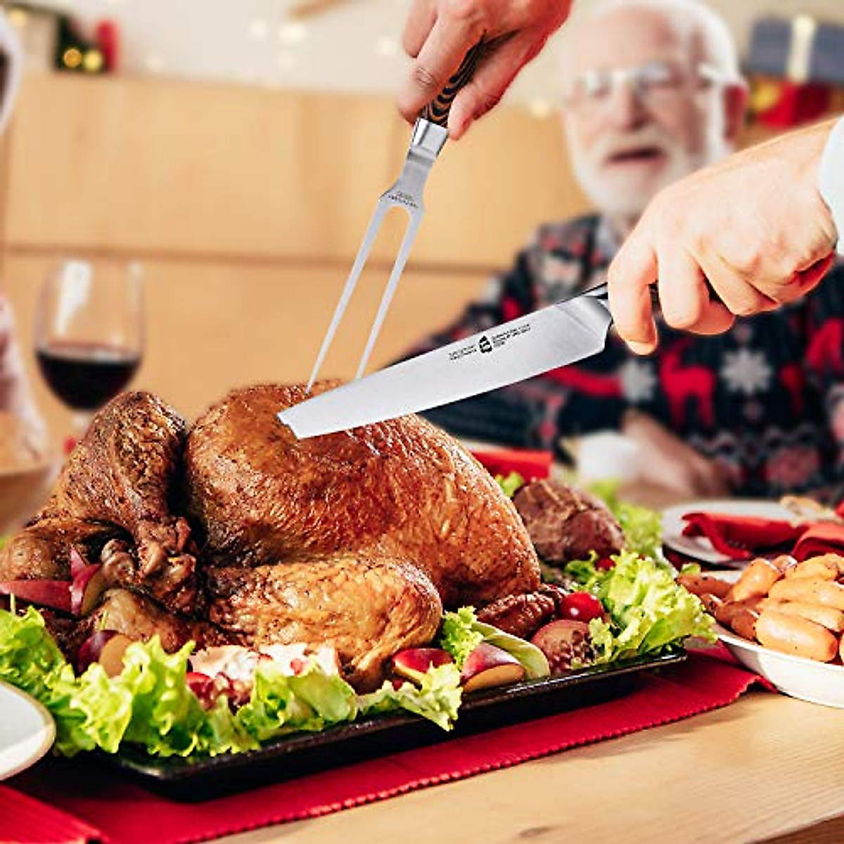 TUO Carving Set - 9" Carving Knife & 7" Fork - Professional 2 Pcs Meat Carving Knife Set - German Stainless Steel Slicing Set - Pakkawood Handle - Luxurious Gift Box Included - Fiery Phoenix Series