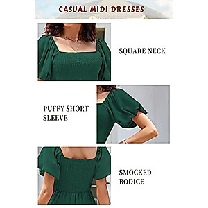 ROYAL MATRIX Women's Summer Short Puffy Sleeve Midi Dress Square Neck Smocked Flowy Tiered Beach Dress Flowy A Line Dress (Dark Green, Medium)