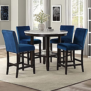 New Classic Furniture Celeste 5-Piece Faux Marble Round Counter Set with 1 Table and 4 Chairs, 42-Inch, Blue