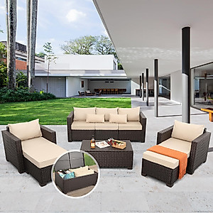 Rattan Star 6 Pieces Patio Outdoor Furniture Outdoor Conversation Sets Wicker Sofa Set with Outdoor Couch Patio Chairs Storage Coffee Table Khaki Cushions Waterproof Covers