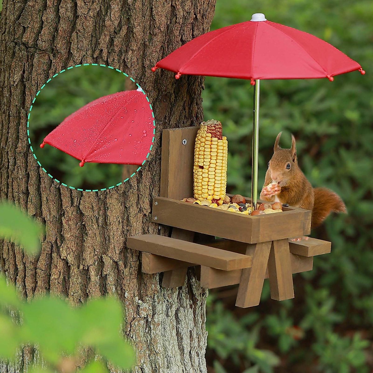 MIXXIDEA Wooden Squirrel Picnic Table Feeder, Durable Squirrel Feeders for Outside with Solid Structure Chipmunk Feeder with Corn Cob Holder and 2 X Thick Benches - Brown