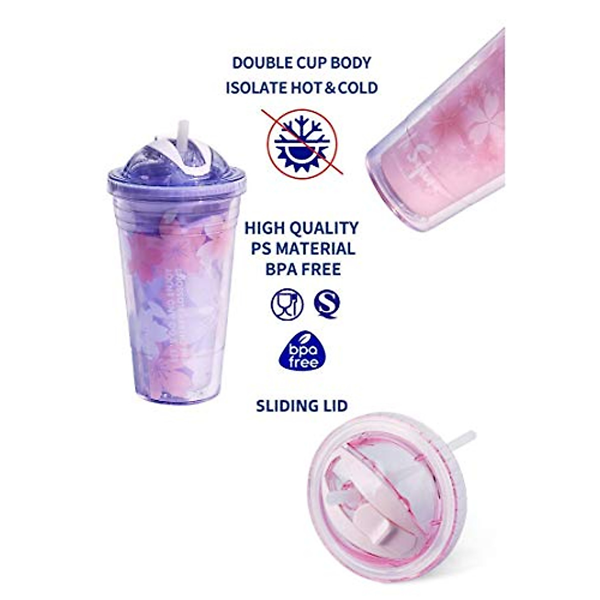 PMCDS2G Insulated Tumbler with Lid and Straw Double Wall Reusable Leakproof 16oz Travel Tumbler Cup Water Bottle BPA Free - Pink