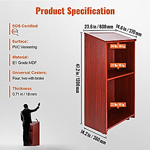 VEVOR Podium Stand 47‘’ Hostess Stand with 4 Rolling Wheels Pulpits for Churches with Storage Shelves and Slant Desktop Lecterns & Podiums for Church Office School Home Brown