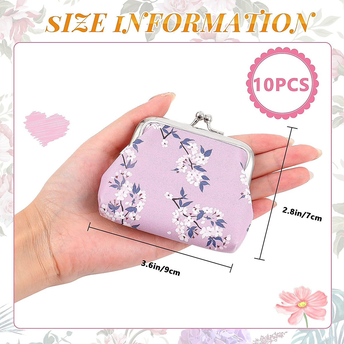 10 Packs Women Coin Purse Small Coin Purses Pouches Cute Change Wallets for Women Kiss Lock Change Purse Change Pouch (Floral)