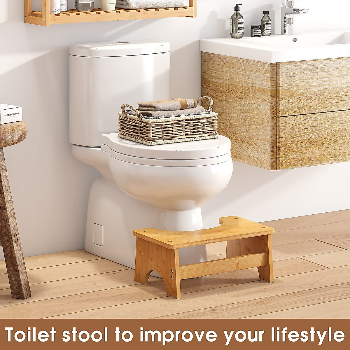 FILWH Toilet Stool for Bathroom Squatting Toilet Stool Poop Stool Bamboo Anti-Slip Toilet Stool Foldable Toilet Potty Step Stool for Adult Elders Portable Sturdy(6.7 Inches)