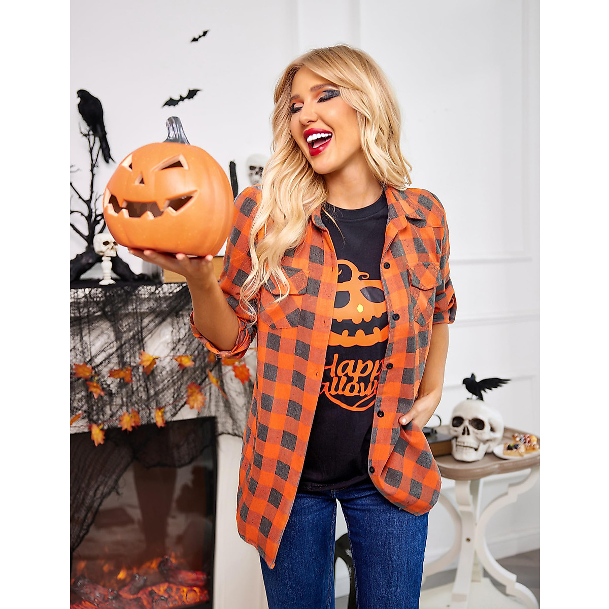 Zeagoo Womens Tartan Plaid Flannel Shirts, Roll up Sleeve Casual Boyfriend Button Down Gingham Checkered Shirt, Orange, X-Large