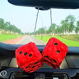 Pair 3” Purple with White Dots Mirror Fuzzy Plush Dice, Purple and White Soft Plush Car Decorative Hanging Ornament.