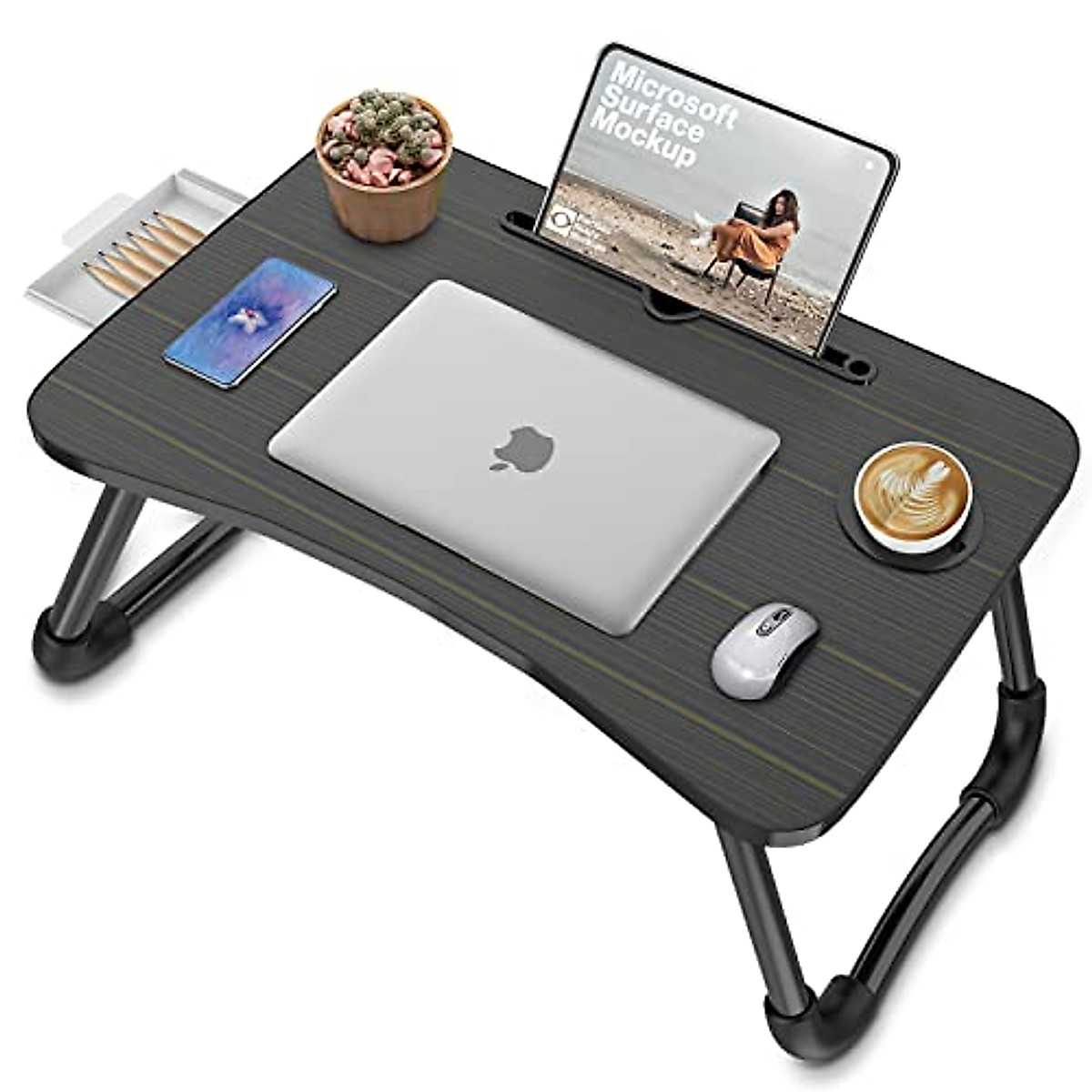 Zapuno Foldable Laptop Bed Table Multi-Function Lap Bed Tray Table with Storage Drawer and Water Bottle Holder, Serving Tray Dining Table with Slot for Eating, Working on Bed/Couch/Sofa (Arc Shape)