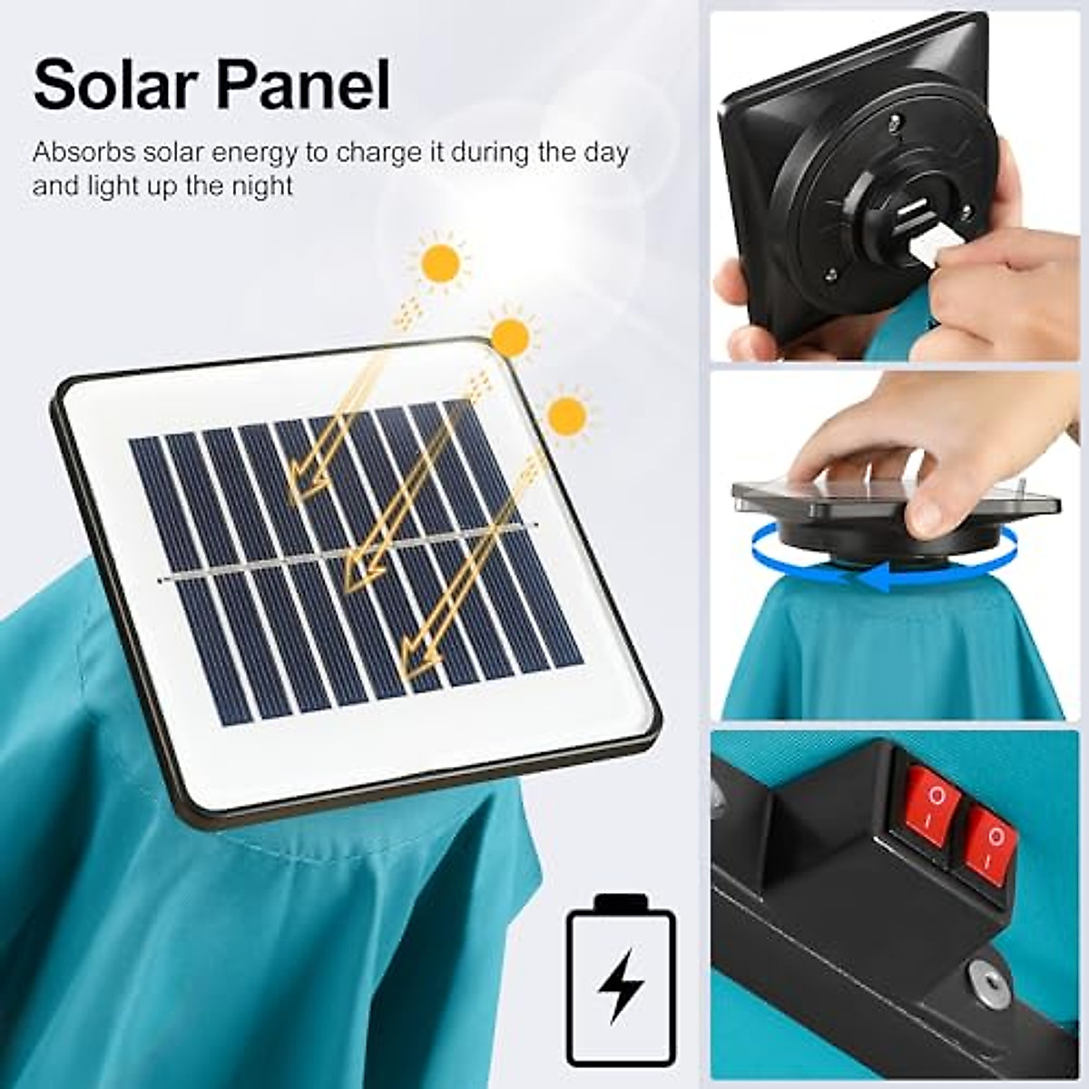 FLAME&SHADE 9 ft Double Top Solar Powered Outdoor Market Patio Table Umbrella with LED Lights and Tilt, Aqua Blue