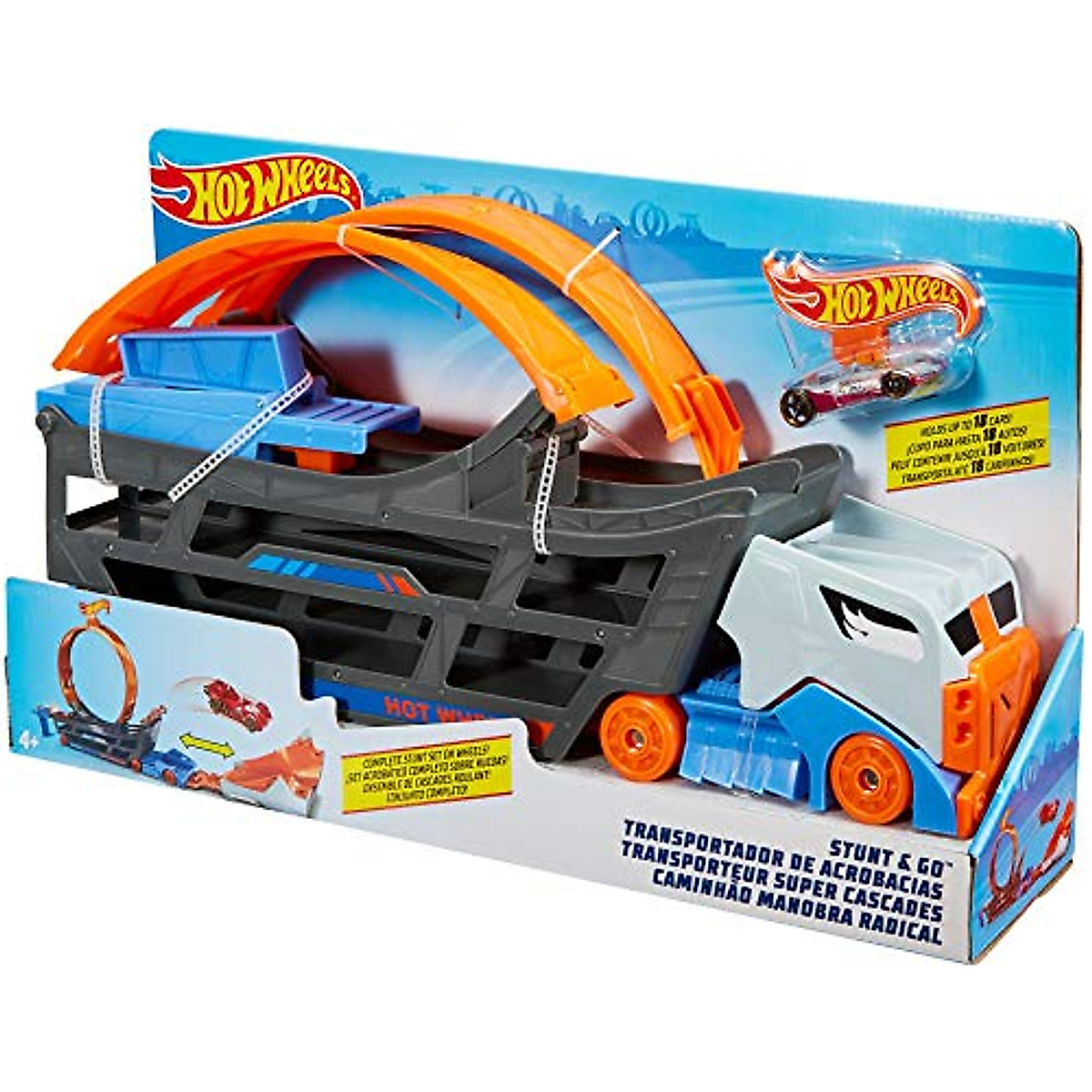 Hot Wheels Stunt & Go Track Set with 1 Toy Car, Transforming Hauler Truck with Launcher, Stores 18 1:64 Scale Cars [Amazon Exclusive]