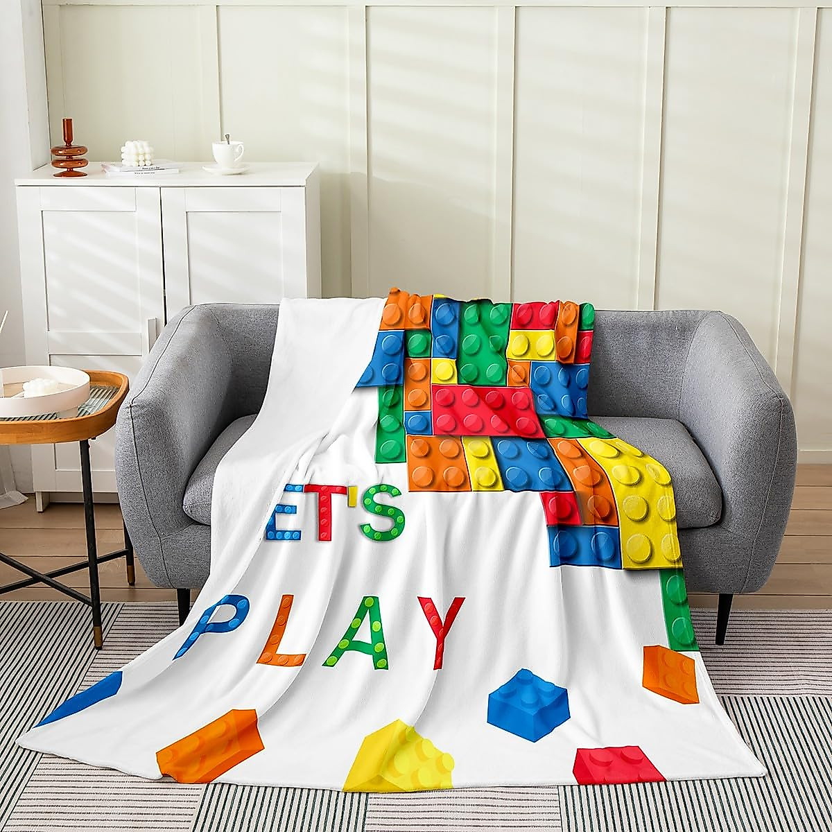 Feelyou Building Block Print Plush Throw Blanket, Throw 50"x60" Kids Brick Styles Flannel Fleece Blanket for Sofa Couch Colorful All Season,Bed Blanket Gaming