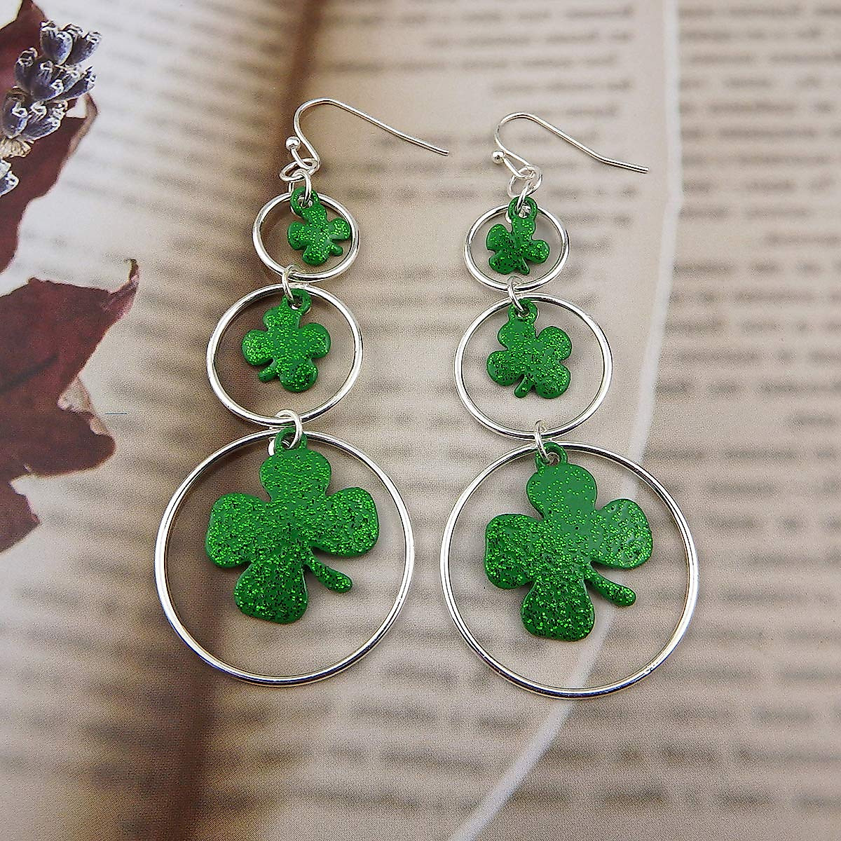 RareLove Silver Plated Interlocking Circle Shamrock Piercing Dangle Earrings Alloy St Patrick's Day Gift For Women