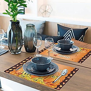 Thanksgiving Placemats Set of 6, Fall Pumpkin Sunflower Heat Resistant Dining Table Placemats, Autumn Leaf Macrame Square Washable Wipeable Linen Fabric Cloth Place Mats for Holiday Kitchen Decor