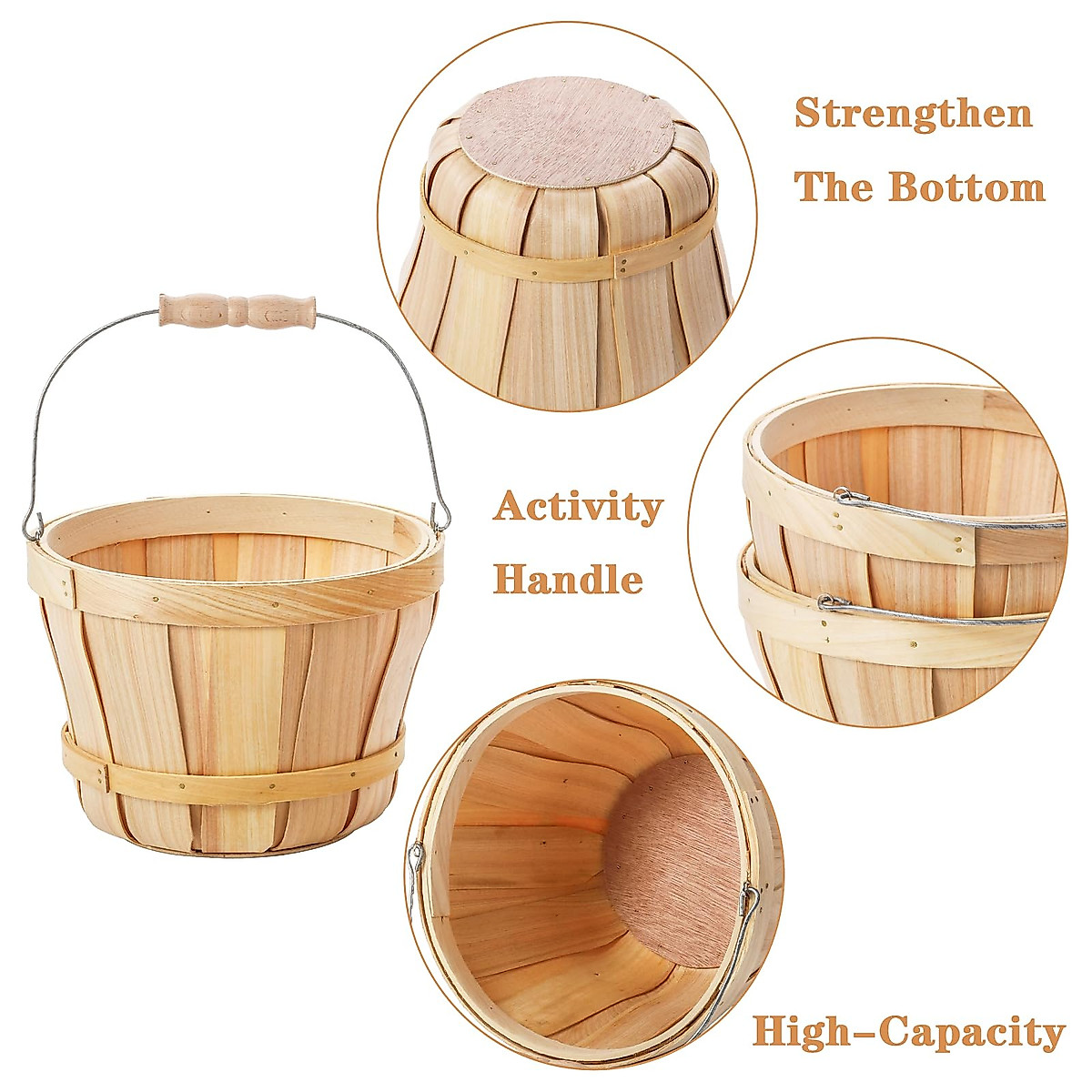 ZILAMGOO 2 Pack Round Wooden Baskets with Handles, Wooden Fruit Bucket, Bushel Baskets for Fruit and Vegetables, Decorating for Party, Birthdays, Holiday