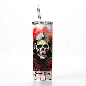 Personalized Custom Name Text Death Grim Reaper Black Red Shades Watercolor Skinny Tumbler 20oz with Straw Insulated Water Bottle Gift - 1 Line Horizontal