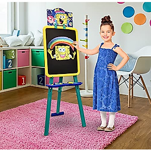 Spongebob Standing Art Easel for Kids, Toddler Drawing Dry Erase Magnetic Whiteboard, Chalkboard, Accessories and Number 1 in Service Tissue Pack (47 Pieces)