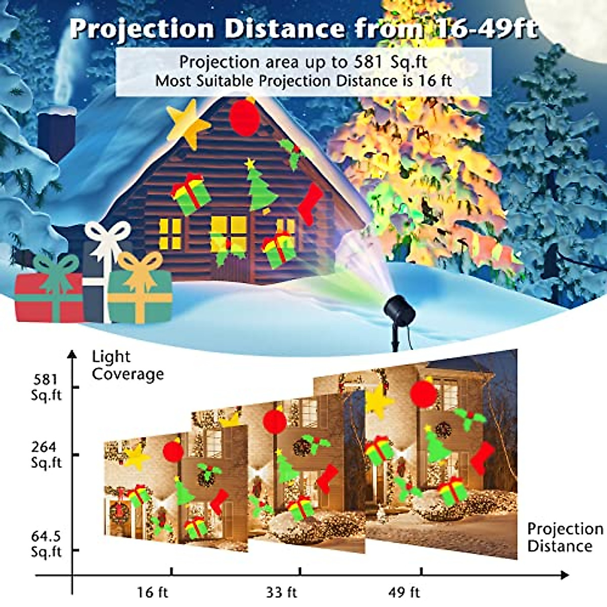 Goplus Christmas Projector Lights, Rotating Projection Lamp with 65° Adjustable Angle, Lawn Stake, Water Proof Landscape Decorative Lighting for Christmas, Holiday, Party, Garden
